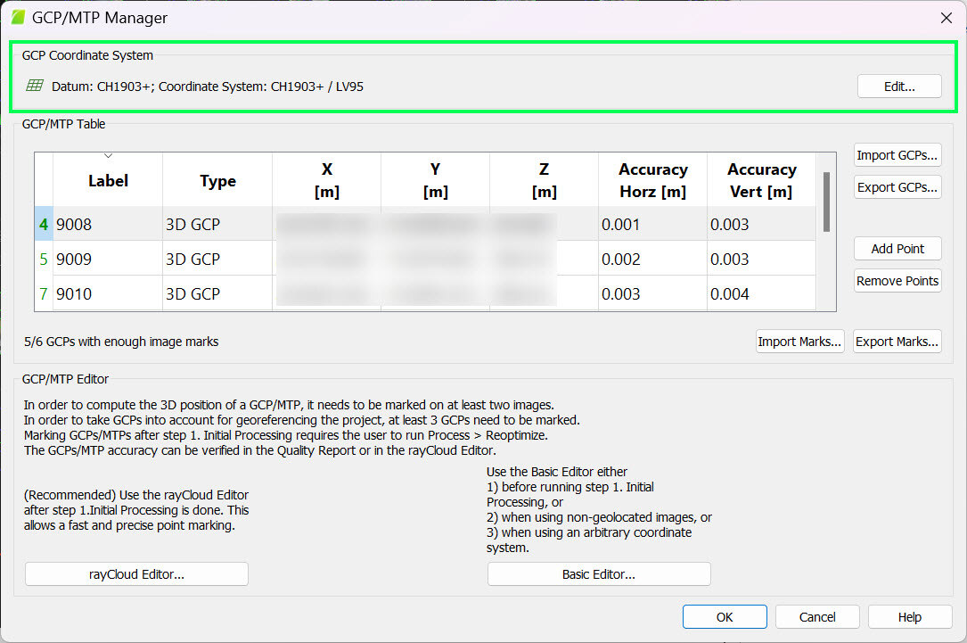 Menu Project > GCP / MTP Manager... > GCP Coordinate System - PIX4Dmapper